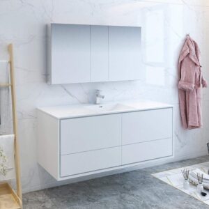 Fresca Catania 60" Glossy White Wall Hung Single Sink Modern Bathroom Vanity w/Medicine Cabinet