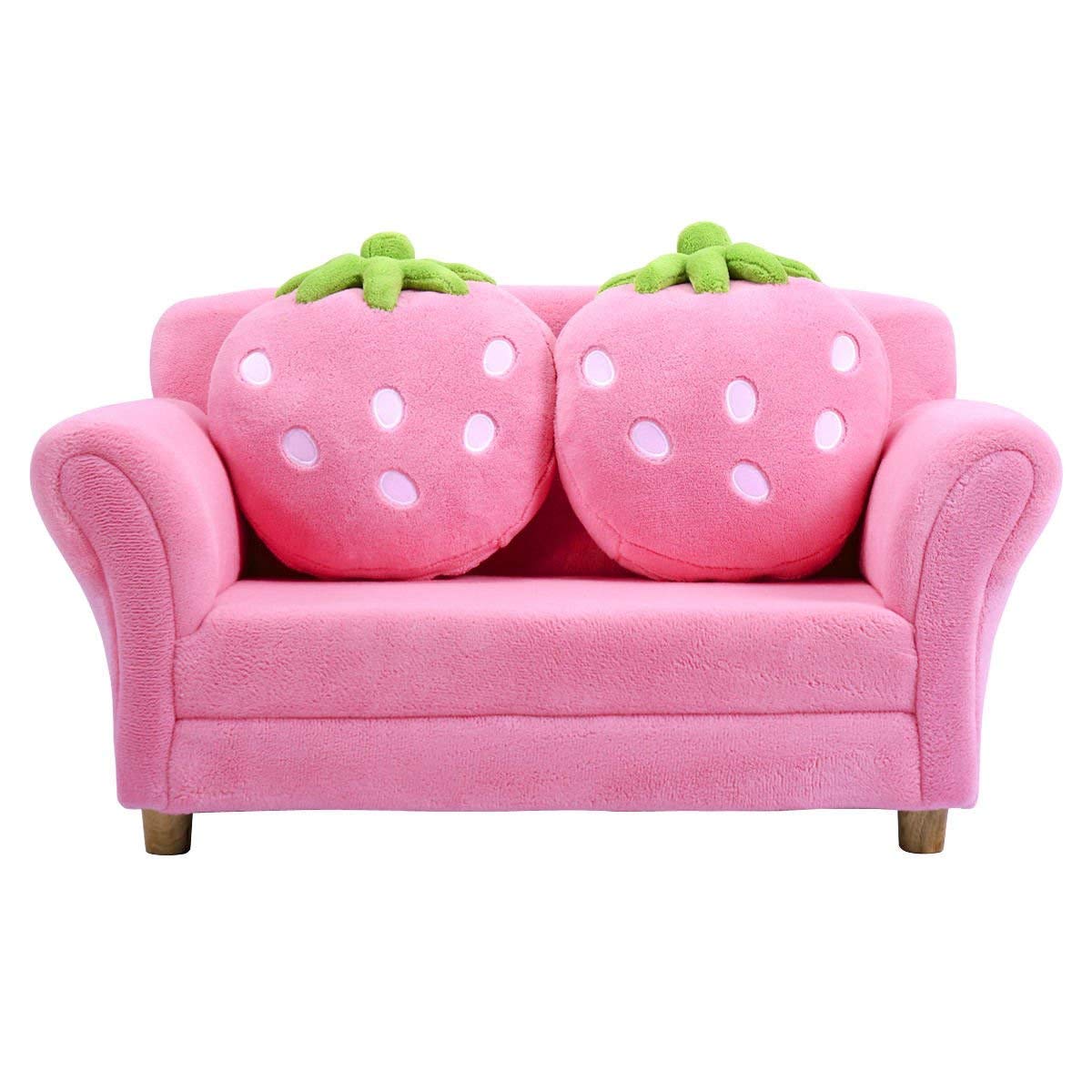 HONEY JOY Toddler Couch with Two Strawberry Pillows, Children Upholstered Loveseat Lounge Bed, Coral Fleece Surface & Studry Wood Frame, Double Seat Kid Sofa for Playroom Bedroom (Pink)