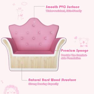 HONEY JOY Kids Sofa, Children Princess Upholstered Couch Armrest Chair with Ottoman, PVC Leather & Embedded Crystal, Toddler Bedroom Furniture for Baby Girl (Pink)