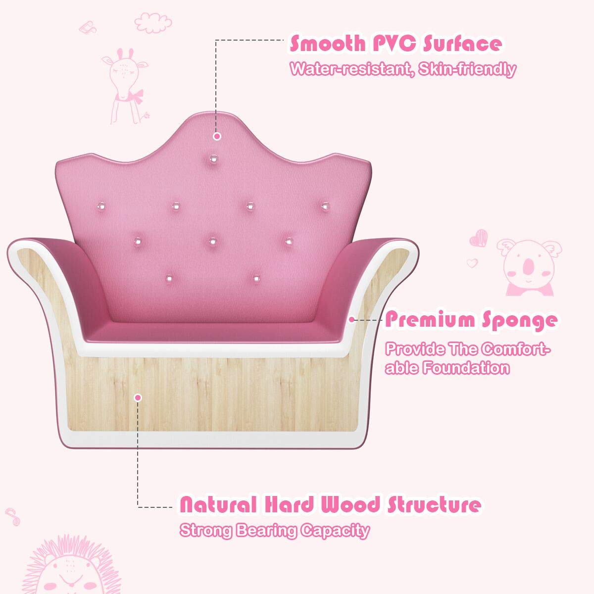 HONEY JOY Kids Sofa, Children Princess Upholstered Couch Armrest Chair with Ottoman, PVC Leather & Embedded Crystal, Toddler Bedroom Furniture for Baby Girl (Pink)