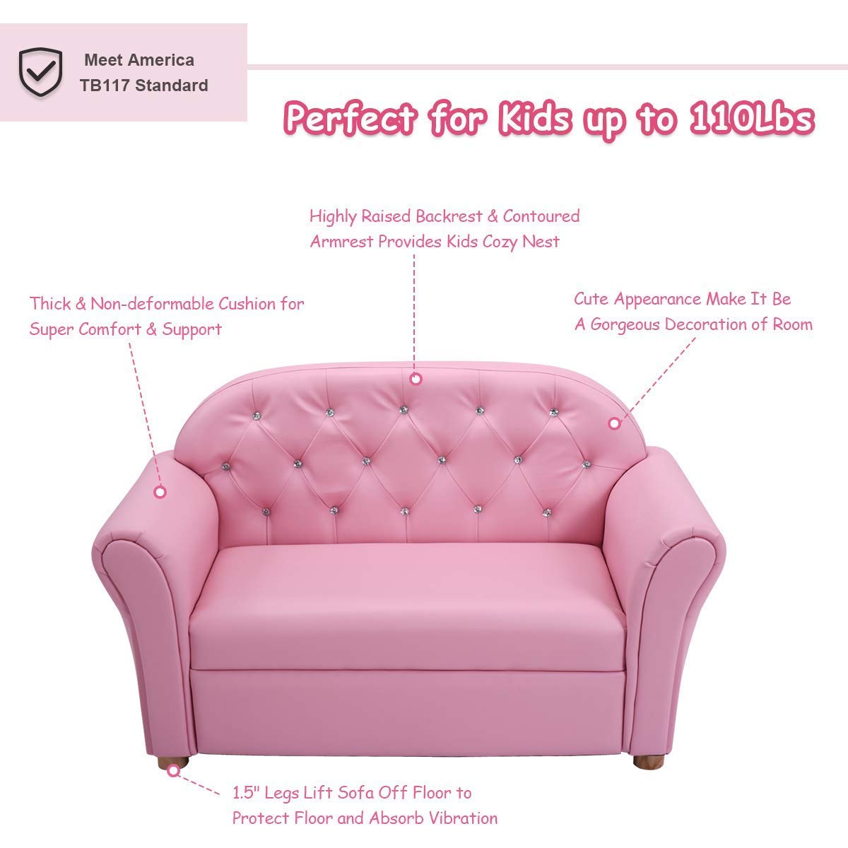 HONEY JOY Kids Sofa, 2 Seat Touch Couch Lounger Chair, Cute Gem Studs, Children Comfy Loveseat Sofa Bed for Playroom Daycare Furniture, Mini Double Foam Play Couch for Princess Girls, Pink