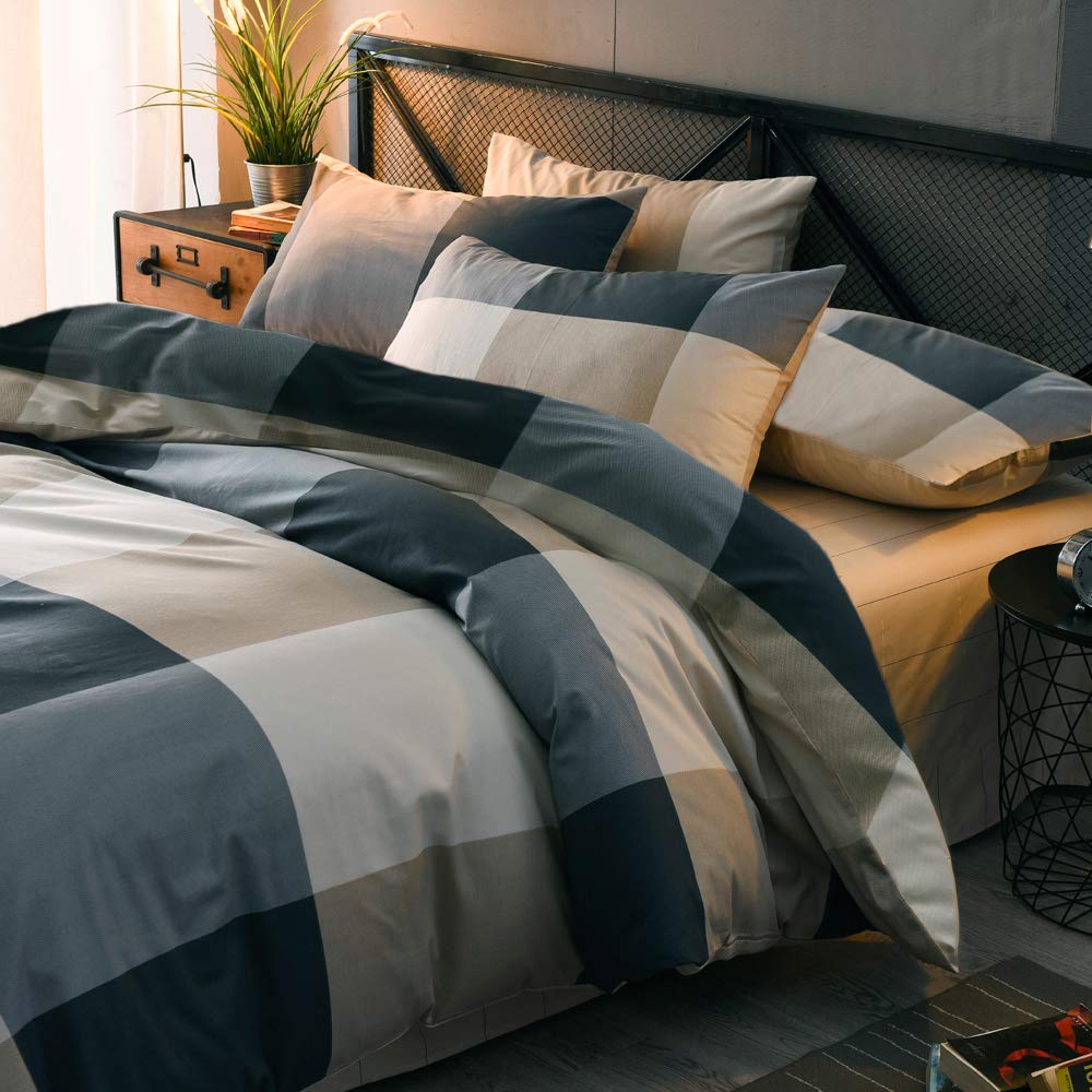 mixinni Luxury 3 Pieces Duvet Cover Sets King Size Geometric Checkered Bedding Cover for Men Women Soft Cotton Grey Beige Plaid Bedding Set with Zipper Ties