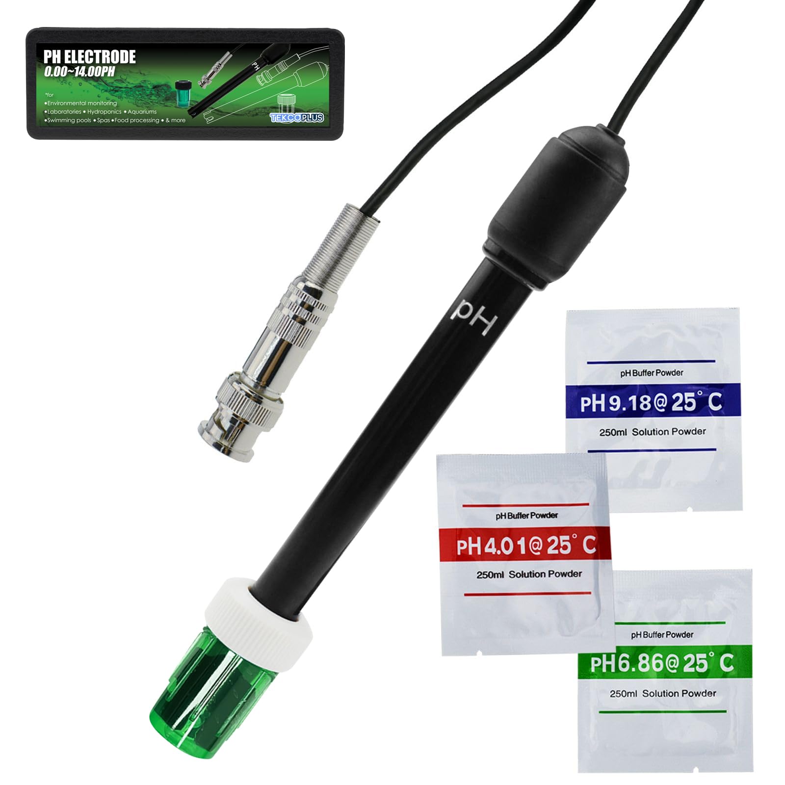 0-14 pH Electrode Probe, pH Meter with Replacement BNC Connector and 300cm Cable Sensor for ph Monitor Controller Tester Meter Kit Set for Aquarium Hydroponics Plant Pool Spa