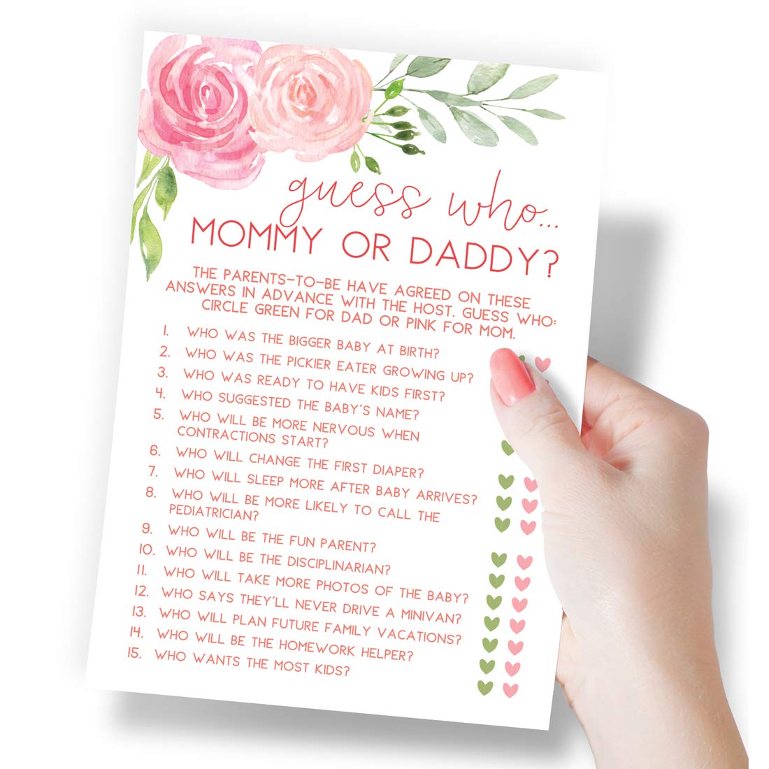 Printed Party Baby Shower Game, Guess Who Mommy or Daddy, Floral, 50 Cards