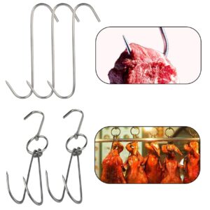 tinsow 2pcs stainless steel double hooks + 3pcs s-hooks for bacon hams meat processing butcher hook hanging drying bbq grill cooking smoker hook tool