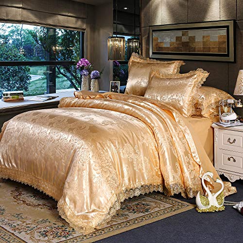 PYCLIFE Queen Duvet Cover,Luxury Bedding,Lace 3-Piece Duvet Covers,Jacquard Bedding Sets (Gold, Queen)