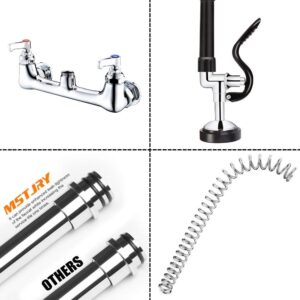 MSTJRY Commercial Sink Faucet with Pre Rinse Sprayer: 35"Height 8"Adjustable Center 12"Swivel Spout Wall Mount Pre Rinse Faucet-Perfect for 2/3 Compartment Sink (Polished Chrome,Stainless Steel&Brass)