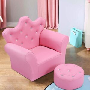 HONEY JOY Kids Sofa, Children Princess Upholstered Couch Armrest Chair with Ottoman, PVC Leather & Embedded Crystal, Toddler Bedroom Furniture for Baby Girl (Pink)