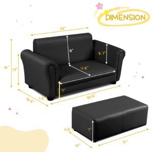 HONEY JOY Kids Sofa, 2 Seat Toddler Couch Lounge Bed with Ottoman, Sturdy Wood Construction, Children PU Leather Upholstered Loveseat Armrest Chair for Bedroom Living Room, Double Seat w/Stool (Black)