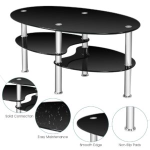 Casart Glass Coffee Table End Table 2 Tire for Home &Office with Sturdy Chrome Plated Legs Tea Table (Black)