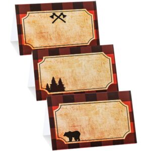 bchocks lumberjack party place cards - lumberjack buffalo plaid food tents and food labels decorations, woodland baby shower party supplies