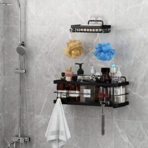 KESOL Shower Caddy + Soap Dish with Hooks Shower Shelf Bathroom Organizer with Hooks,No Drilling Adhesive Shelf,2 Pack (Black)