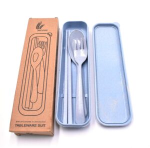 3pcs portable cutlery blue boreal europe style healthy eco-friendly wheat straw spoon chopstick fork tableware set for travel, picnic, camping or just for daily use (blue)