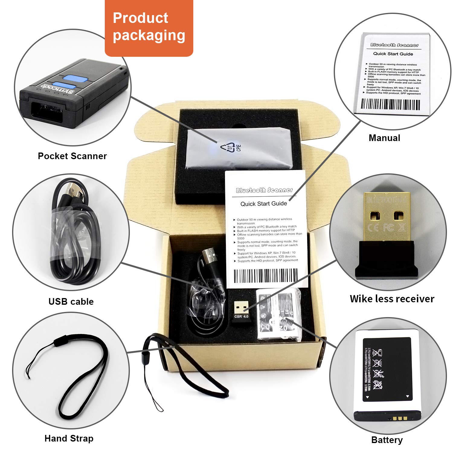 Bluetooth QR Barcode Scanner,Symcode 1D 2D Mini Wireless Handheld CMOS Barcode Scanner Reader for POS/Android/iOS/iMac/Ipad