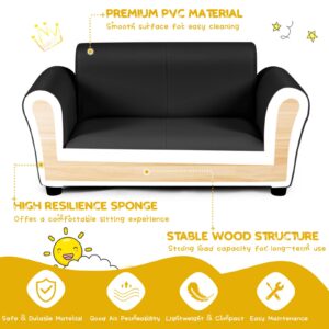 HONEY JOY Kids Sofa, 2 Seat Toddler Couch Lounge Bed with Ottoman, Sturdy Wood Construction, Children PU Leather Upholstered Loveseat Armrest Chair for Bedroom Living Room, Double Seat w/Stool (Black)