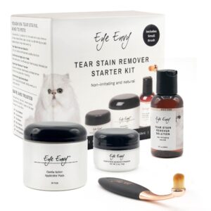 eye envy cat tear stain remover starter kit with propowder brush | stain solution, applicator pads, stain powder and small applicator brush | lasts 30-45 days