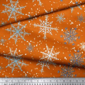 Soimoi Cotton Cambric Orange Fabric - by The Yard - 42 Inch Wide - Snow Flakes & Star - Winter Whimsy with Snow Flakes and Star Stripes Printed Fabric