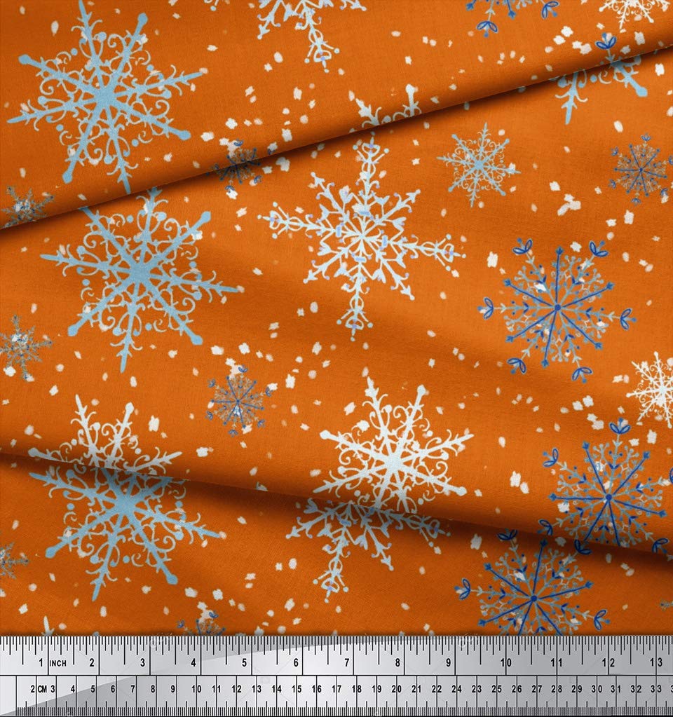 Soimoi Cotton Cambric Orange Fabric - by The Yard - 42 Inch Wide - Snow Flakes & Star - Winter Whimsy with Snow Flakes and Star Stripes Printed Fabric