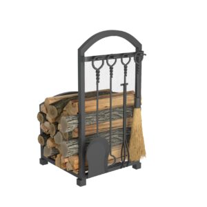 Lizh Metalwork Fireplace Log holder with Fireplace Tools, Wrought Iron Indoor Stove Accessories Firewood Rack Holder Lumber Storage Stacking Log Holder Log Bin with Tongs Shovel Poker and Brush