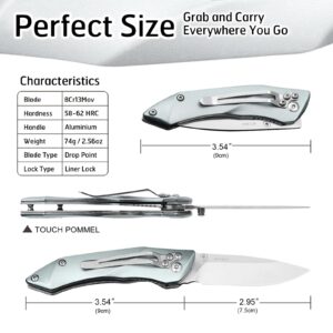 Vickay Pocket Knife for Men Pocket Folding Knives 2.95" 8Cr13MoV Steel Blade, Aluminum Handle, Liner Lock Knife with Clip, EDC Knife for Outdoor Camping, Fishing, Hunting, Tactical Gift (Silver)