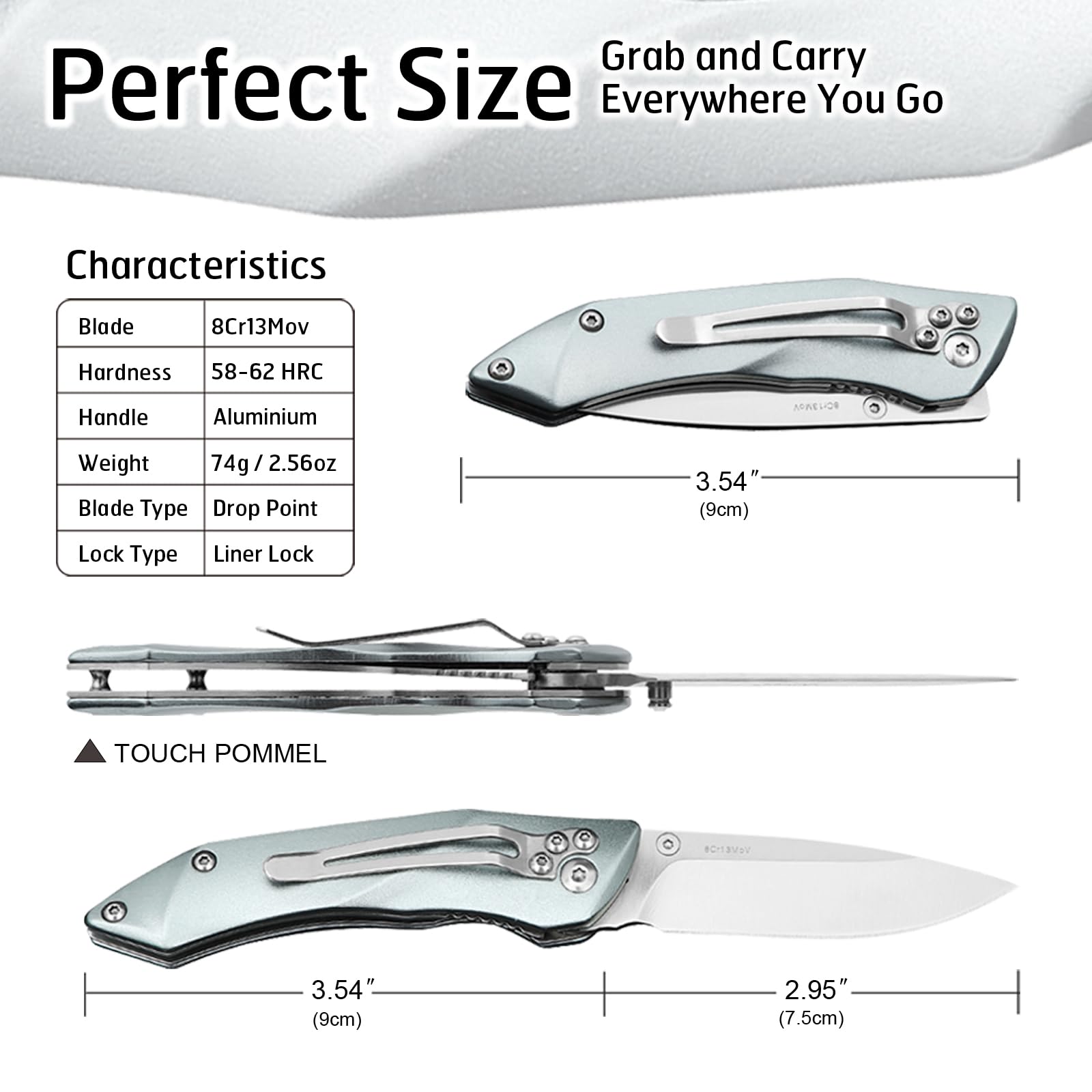 Vickay Pocket Knife for Men Pocket Folding Knives 2.95" 8Cr13MoV Steel Blade, Aluminum Handle, Liner Lock Knife with Clip, EDC Knife for Outdoor Camping, Fishing, Hunting, Tactical Gift (Silver)