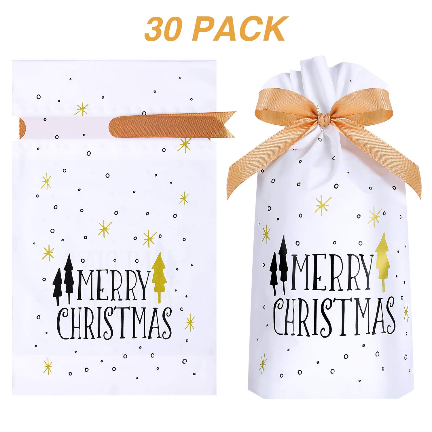 Frienda 30 Pack Treat Bags with Drawstring Candy Bags, Merry Christmas Tree Print Plastic Favor Bag Drawstring Cookie Bags for Christmas Wedding Party Birthday Engagement Holiday Favor