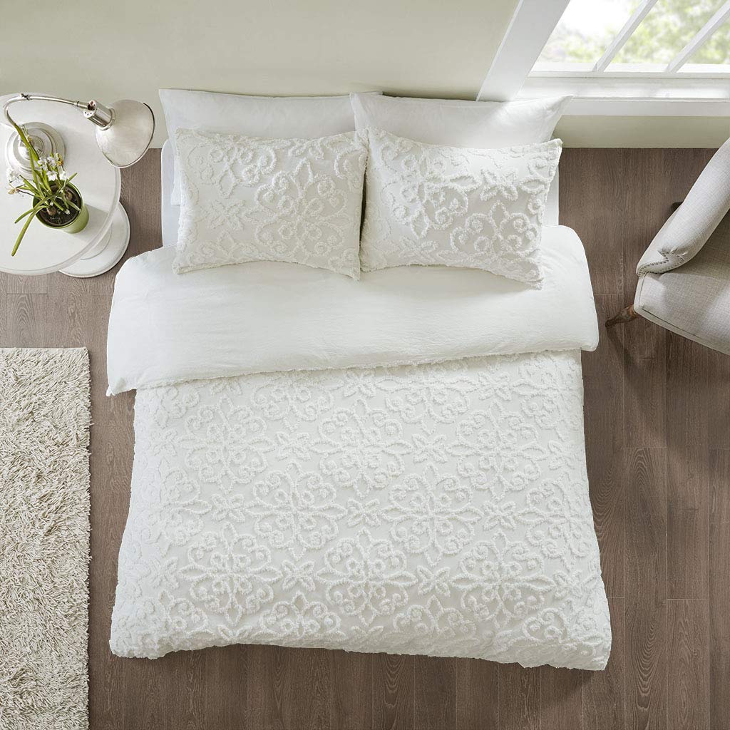 Madison Park Off White Sabrina 3 Piece Tufted Cotton Chenille Duvet Cover Set Cal King