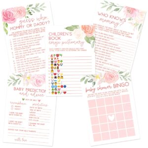 printed party baby shower games for girl – 5 games & activities, baby in bloom floral theme, 50 guests