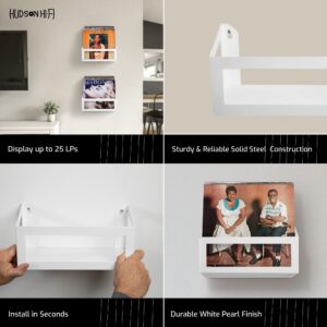 Hudson Hi-Fi Vinyl Display Holder - 2 Pack Record Display Shelf - Solid Steel Vinyl Wall Mount & Record Display, Quick Access Vinyl Record Wall Mount - Vinyl Record Shelf, Fits 25 LPs, White Pearl