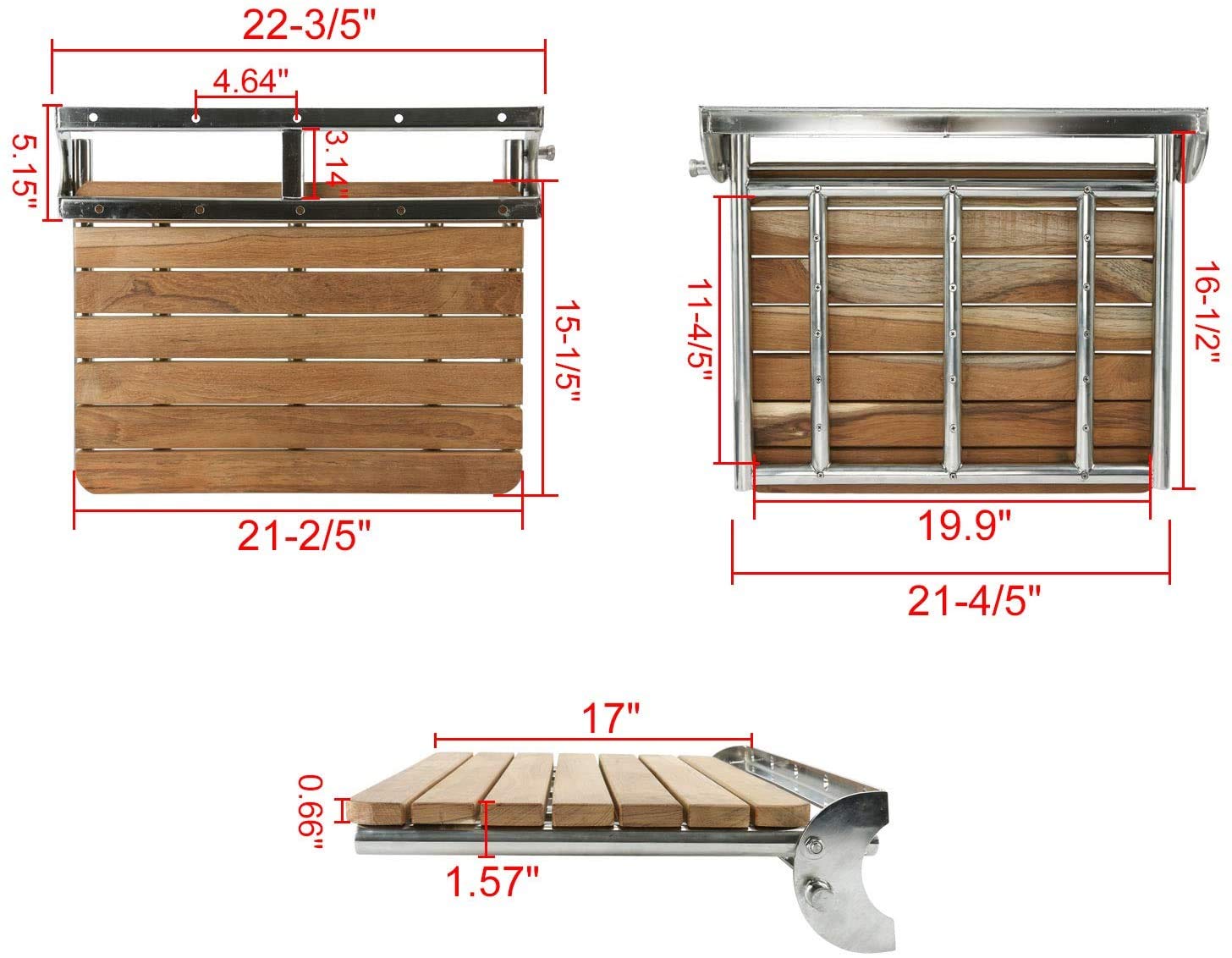 Amarine-made Teak Folding Shower Seat - Wall Mounted - Solid Wood Fold Down Spa Bench (21-5/8"x15"x1.7")