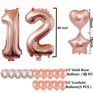 12th Birthday Decorations Party Supplies, Jumbo Rose Gold Foil Balloons for Birthday Party Supplies,Anniversary Events Decorations and Graduation Decorations Sweet 12 Party,12th Anniversary