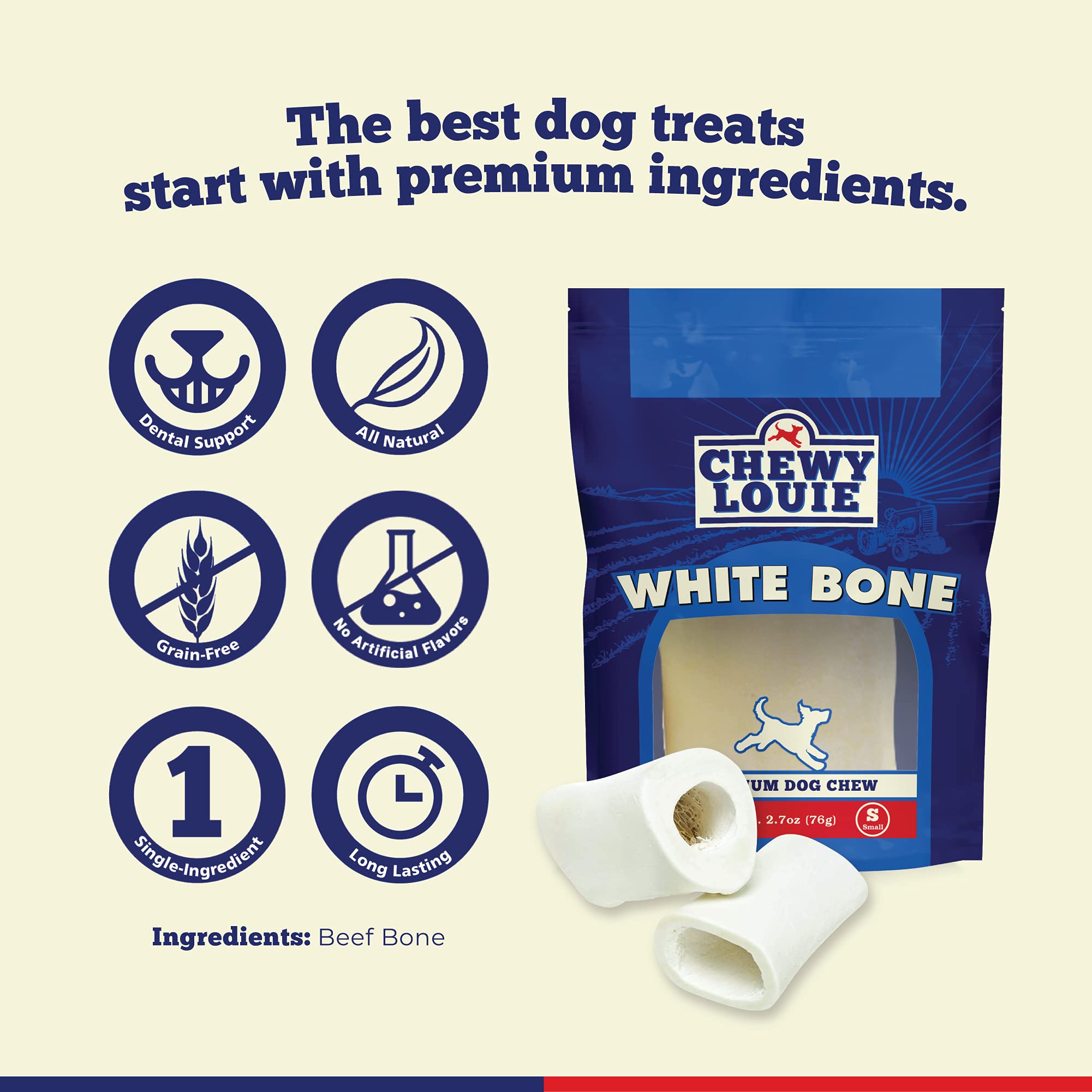 CHEWY LOUIE Small White Bone 3pk - One Ingredient, Flavor Packed for Picky Eaters, All Natural, No Artificial Flavors or Chemicals, Long-Lasting, Superior Dental Support Dog Treats