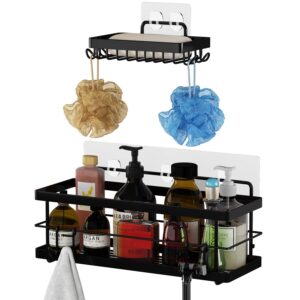 KESOL Shower Caddy + Soap Dish with Hooks Shower Shelf Bathroom Organizer with Hooks,No Drilling Adhesive Shelf,2 Pack (Black)