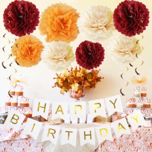 fall birthday party decorations burgundy champagne orange tissue pom pom happy birthday banner fall party decorations/30th birthday decorations/burgundy birthday decorations