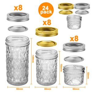 Mason Jars Canning Jars, 24 Pack Jelly Jars With Regular Lids, Ideal for Jam, Honey, Wedding / Shower Favors, DIY Magnetic Spice Jars - 4 OZ x 8, 8 OZ x 8, 12 OZ x 8 (4oz -8oz-12oz)