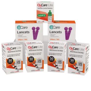 oh’care lite blood sugar testing monitor – 200 glucose test strips, 200 lancets, and 1 control solution for for blood testing – accurate and affordable diabetic supplies