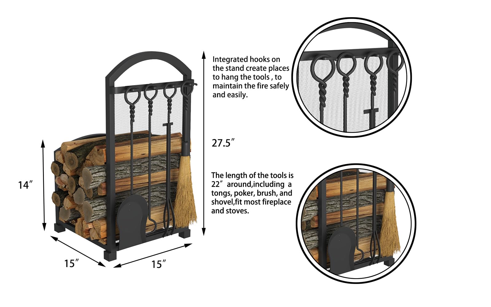 Lizh Metalwork Fireplace Log holder with Fireplace Tools, Wrought Iron Indoor Stove Accessories Firewood Rack Holder Lumber Storage Stacking Log Holder Log Bin with Tongs Shovel Poker and Brush