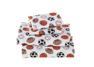 elegant homes multicolors sports basketball soccer football baseball fun 4 piece printed full size sheet set with pillowcases flat fitted sheet for boys/kids # sports navy (full size)