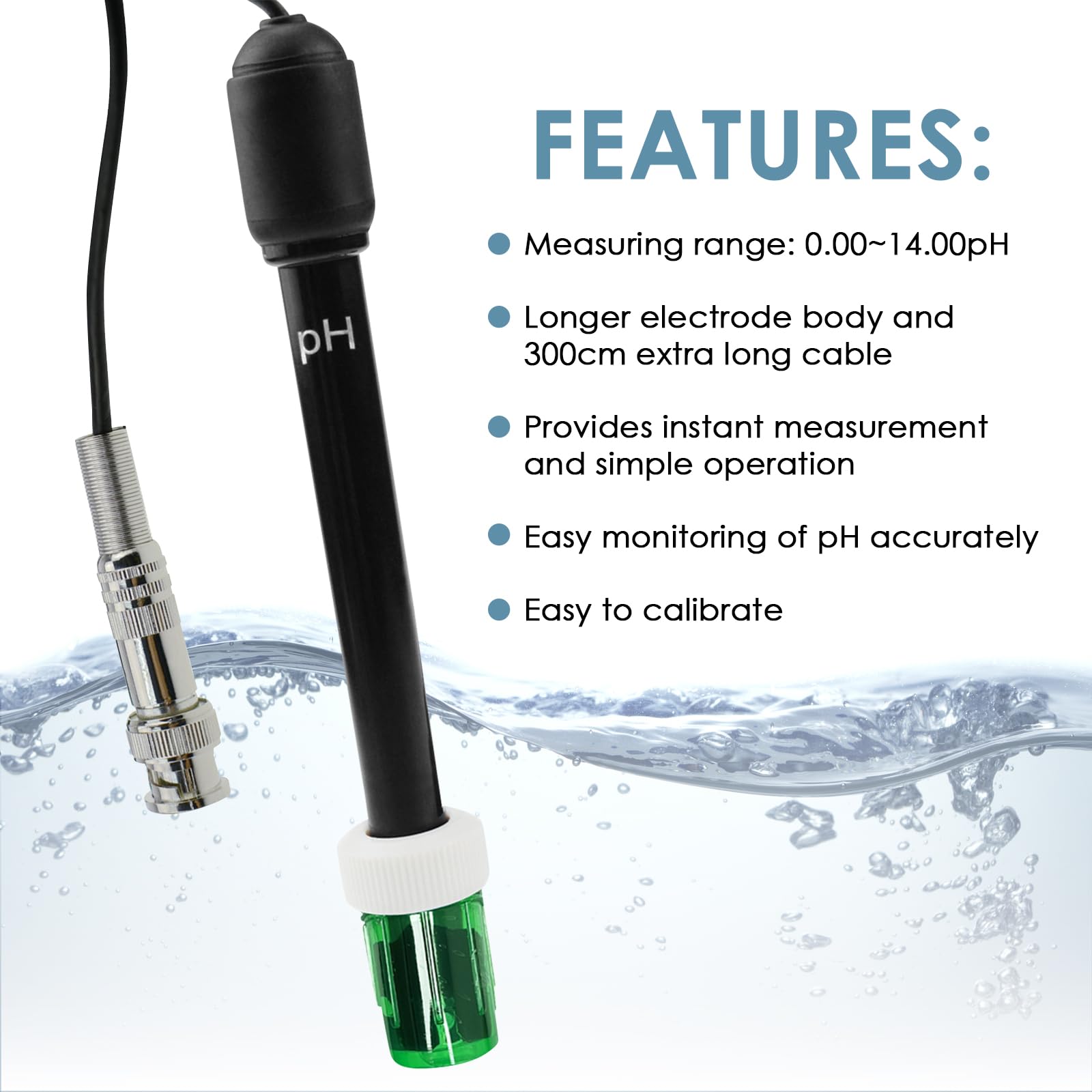 0-14 pH Electrode Probe, pH Meter with Replacement BNC Connector and 300cm Cable Sensor for ph Monitor Controller Tester Meter Kit Set for Aquarium Hydroponics Plant Pool Spa