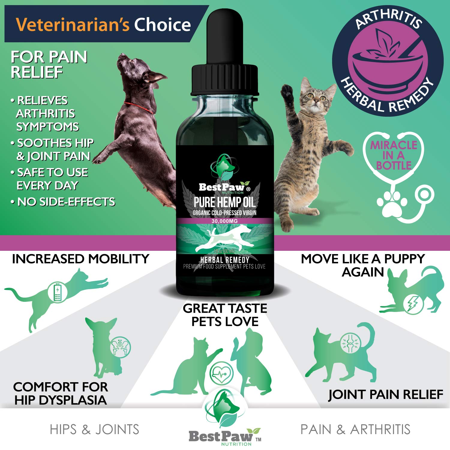 Best Paw Nutrition - Organic Hemp Oil for Dogs and Cats - Joint Pain Relief Arthritis Supplement - Natural Support for Separation Relief - Calming Aid Pets Love - from Canadian Crops - 1oz