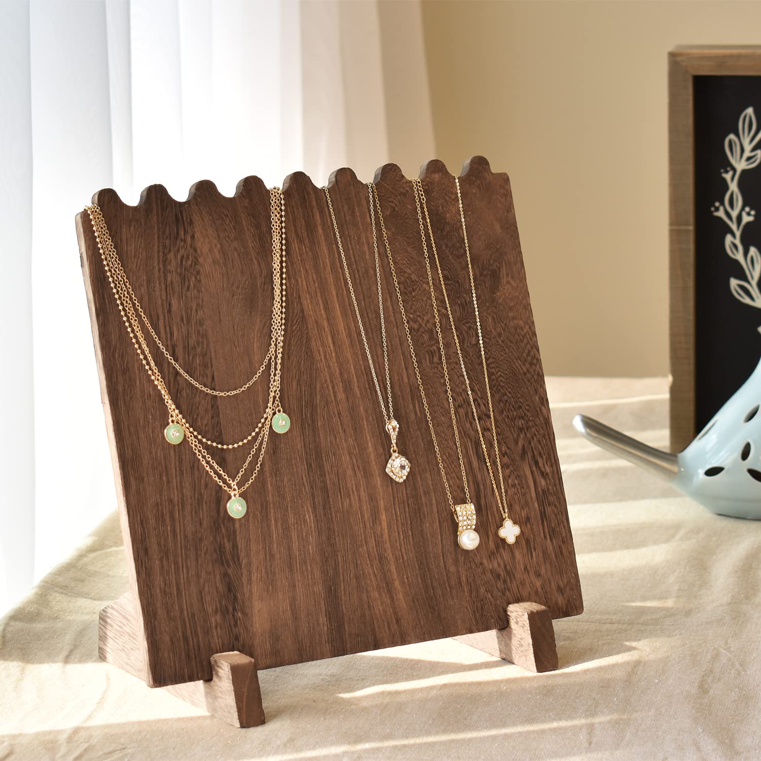 MOOCA Portable Wooden Plank Necklace Jewelry Stand for 8 Necklaces, Necklace Stand, Wood Plank Necklace Display Stand, Necklace Storage Holder, Jewelry Display Stand, Brown Color