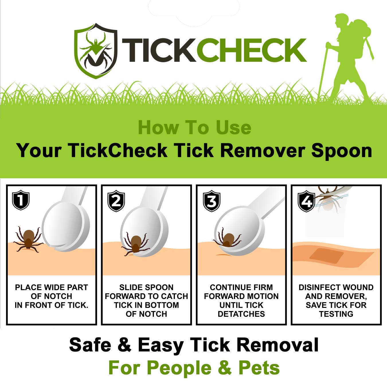 TickCheck Tick Remover Spoon - 3 Pack of Lightweight Tick Remover Tools with Free Tick ID Card & Carabiner (1 Set, 3 Spoons)