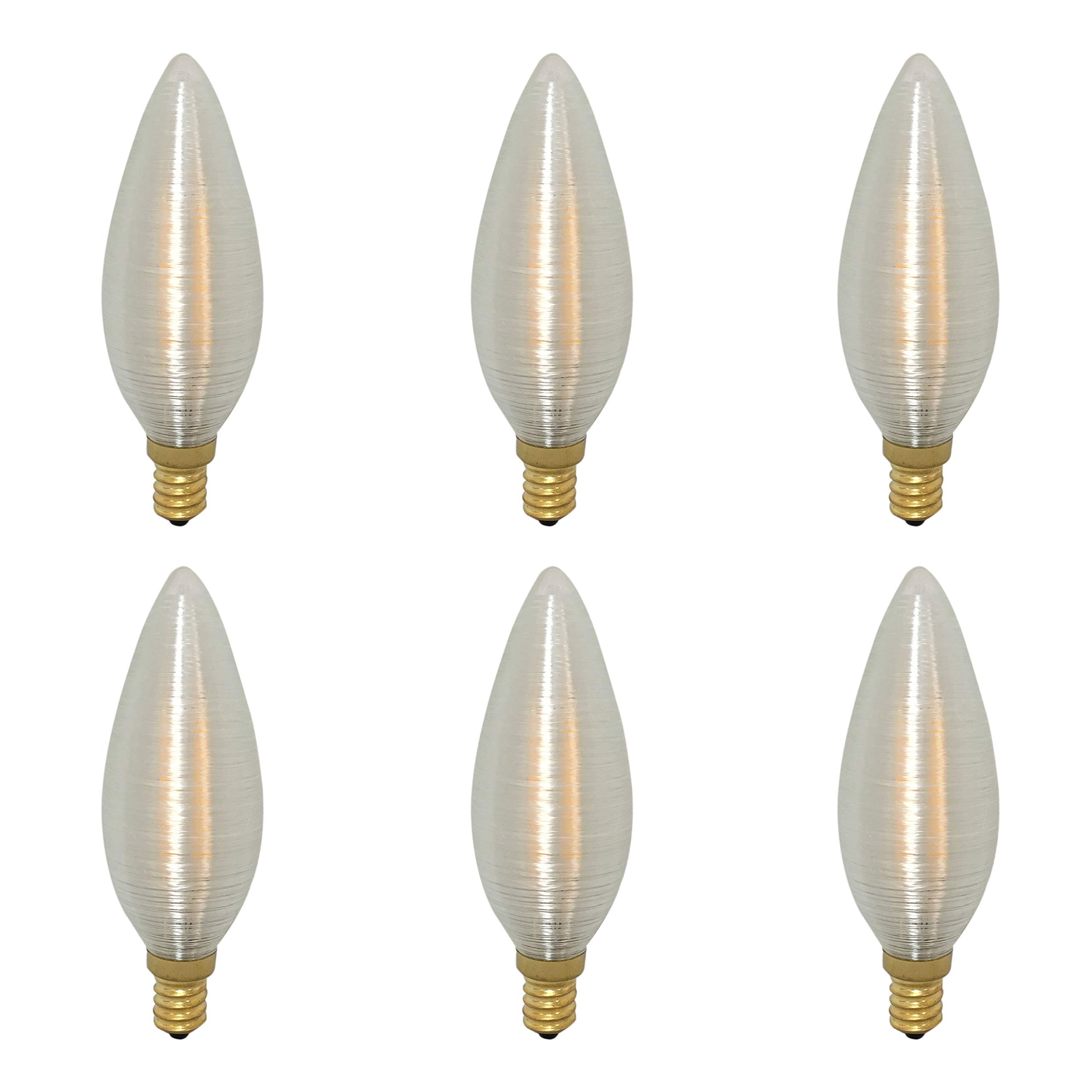 Royal Designs, Inc. Silk Wrapped Torpedo Shaped LED Light Bulbs, E12 Candelabra Brass Base, 130V, 40 Watts (4W LED), Set of 6