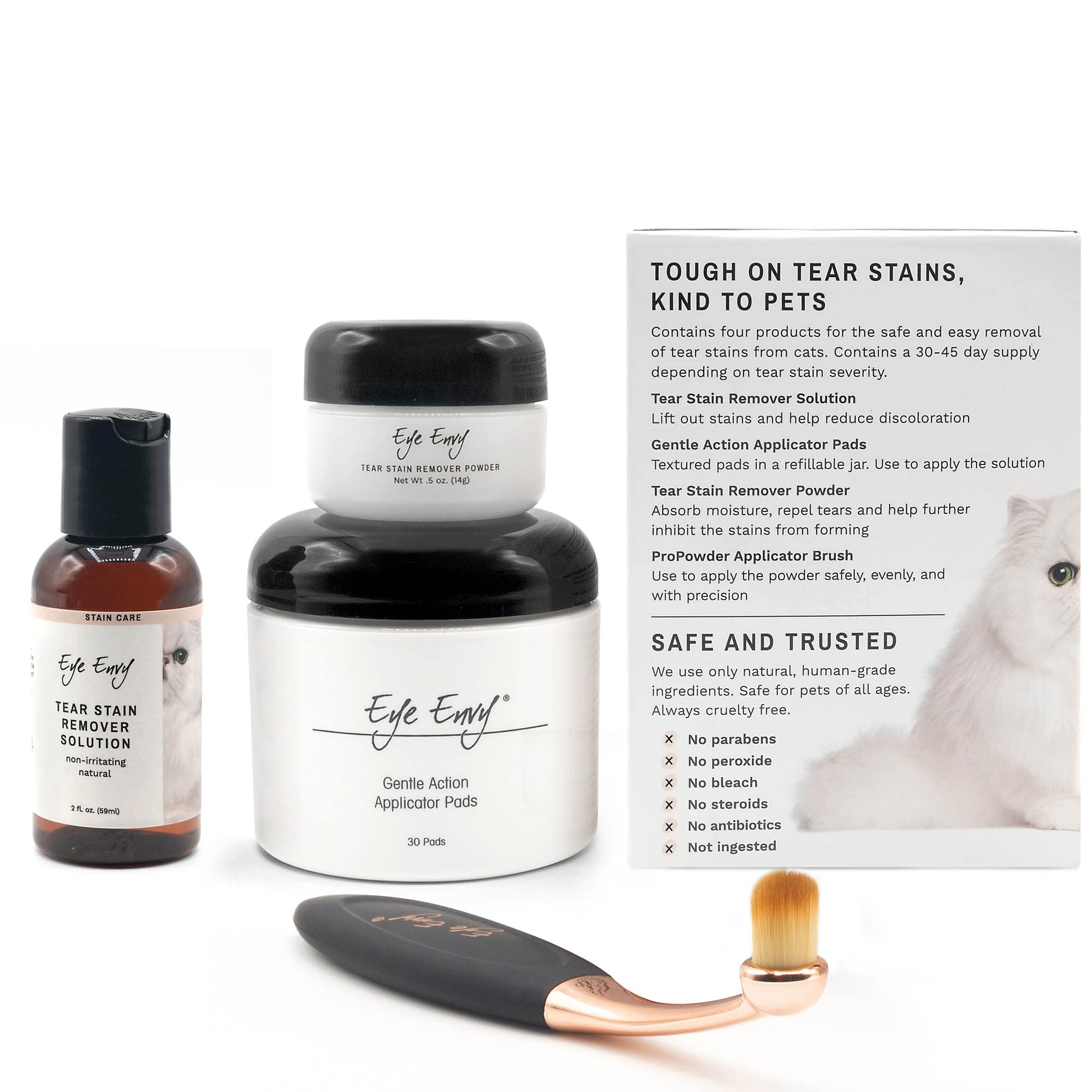 Eye Envy Cat Tear Stain Remover Starter Kit with ProPowder Brush | Stain Solution, Applicator Pads, Stain Powder and Small Applicator Brush | Lasts 30-45 Days