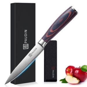 paudin utility knife, 5 inch chef knife, ultra sharp high carbon stainless steel paring knife, multipurpose kitchen knife for fruit and vegetable cutting with wooden handle, premium gift box