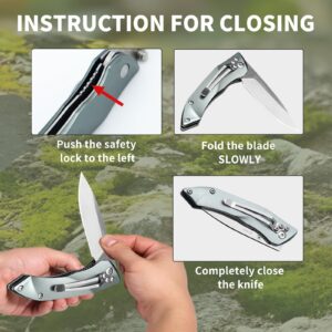 Vickay Pocket Knife for Men Pocket Folding Knives 2.95" 8Cr13MoV Steel Blade, Aluminum Handle, Liner Lock Knife with Clip, EDC Knife for Outdoor Camping, Fishing, Hunting, Tactical Gift (Silver)