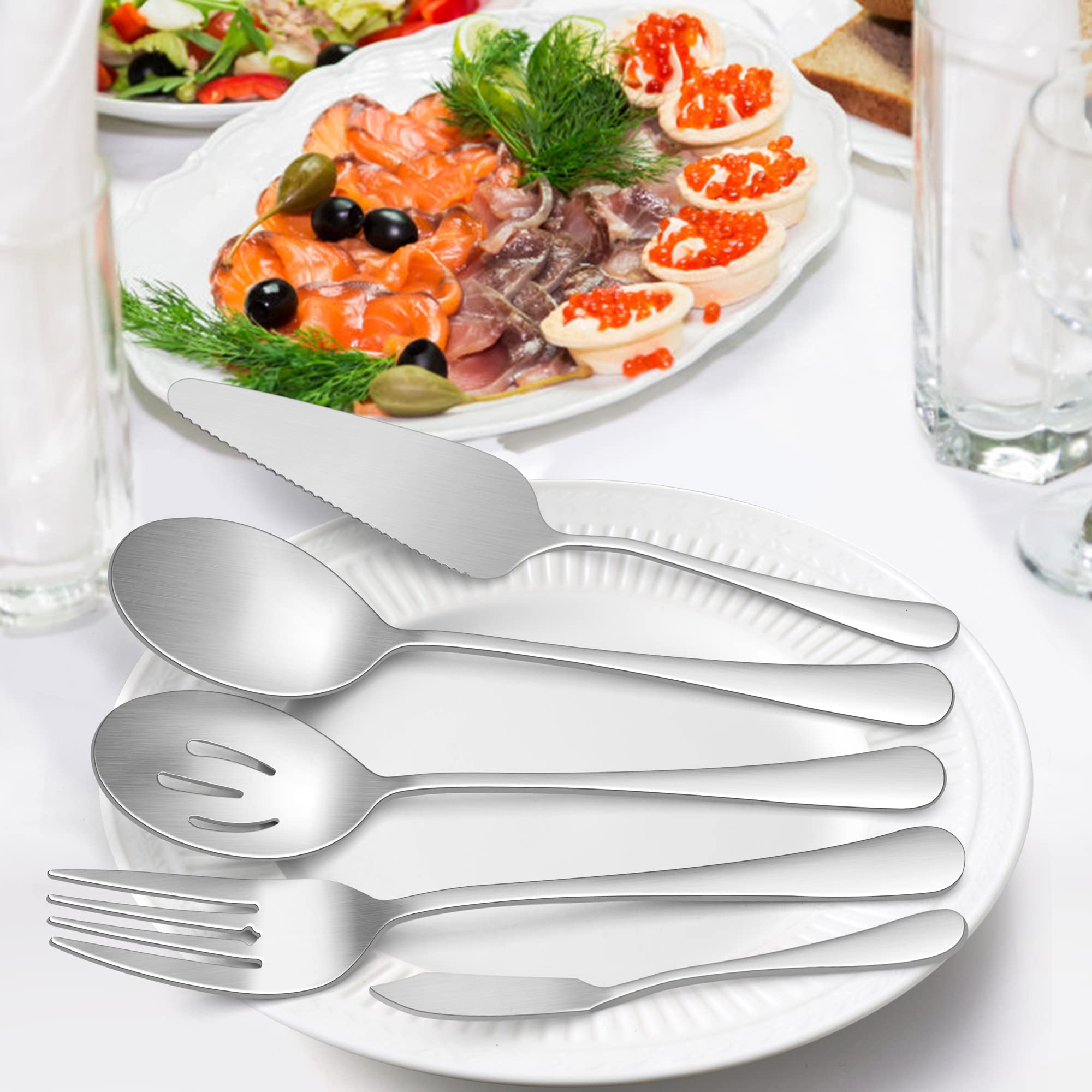 Silverware Set with Serving Pieces, LIANYU 48-Piece Flatware Set Service for 8, Stainless Steel Cutlery Eating Utensils, Mirror Finish, Dishwasher Safe