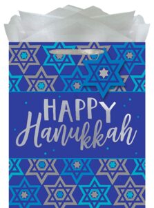 stunning blue happy hanukkah large gift paper bag (12" x 10" x 5")- pack of 1 | perfect for presents & celebrations