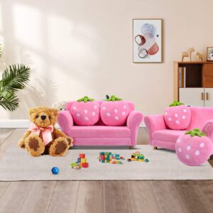 HONEY JOY Toddler Couch with Two Strawberry Pillows, Children Upholstered Loveseat Lounge Bed, Coral Fleece Surface & Studry Wood Frame, Double Seat Kid Sofa for Playroom Bedroom (Pink)