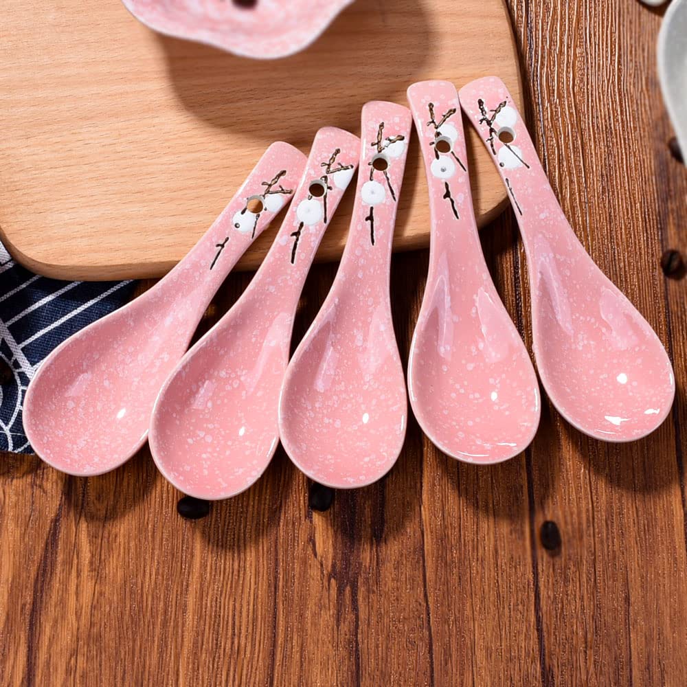 Japanese Soup Spoons Set of 5, Pink Asian Spoon Suitable for Soup, Ramen, Pho, Gravy, Cake, Oatmeal, Chaos, Dumplings,Salad